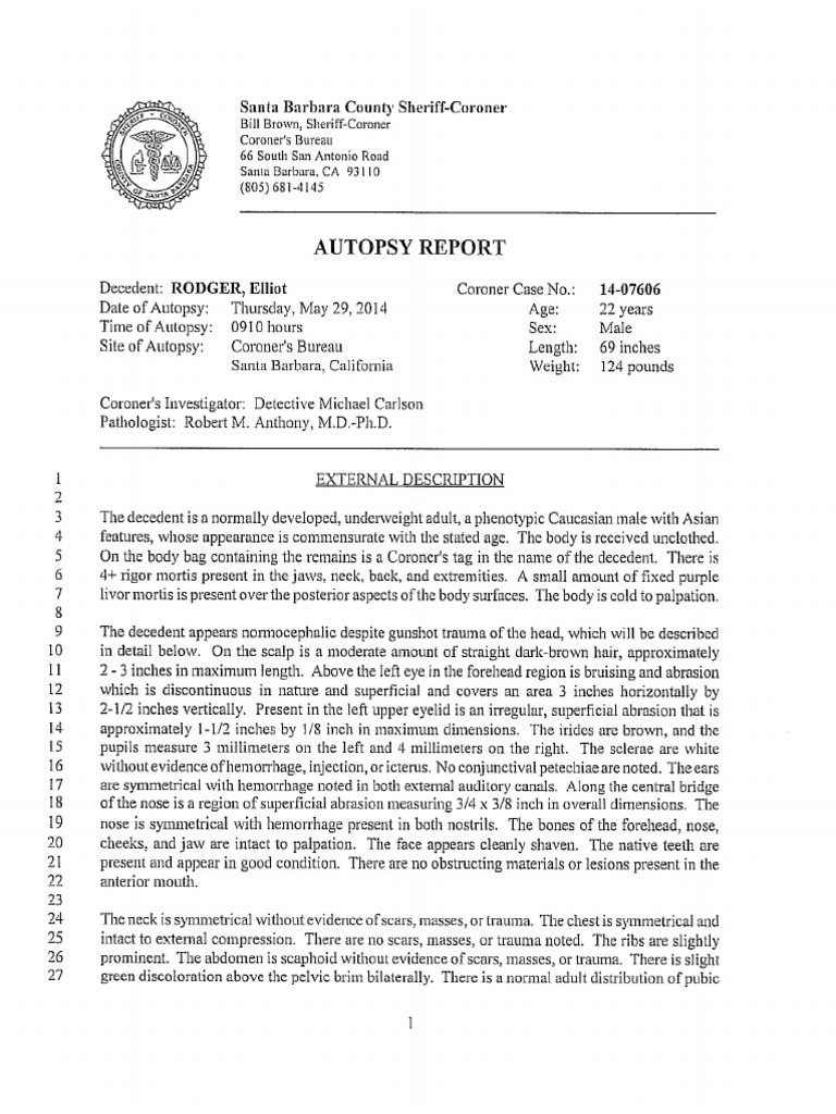 Elliot Rodger's Autopsy Report | PDF