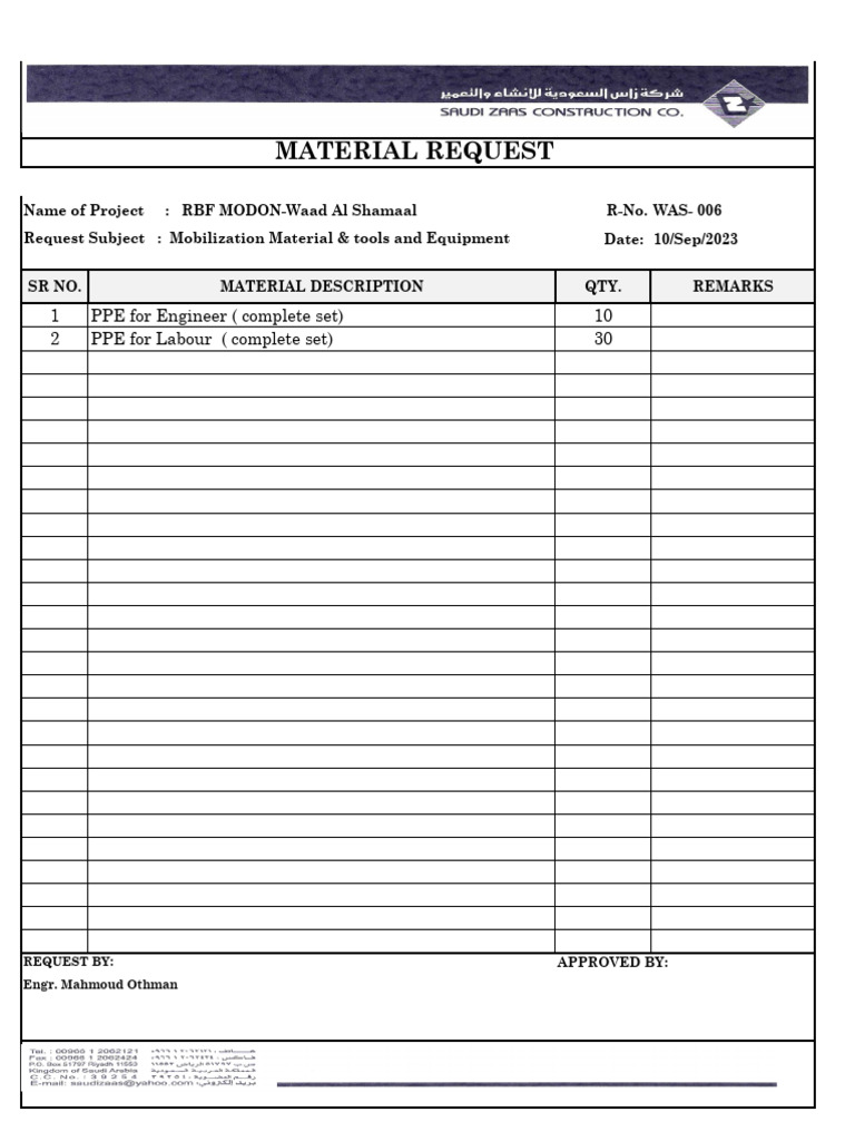 Material Request for RBF MODON Project | PDF
