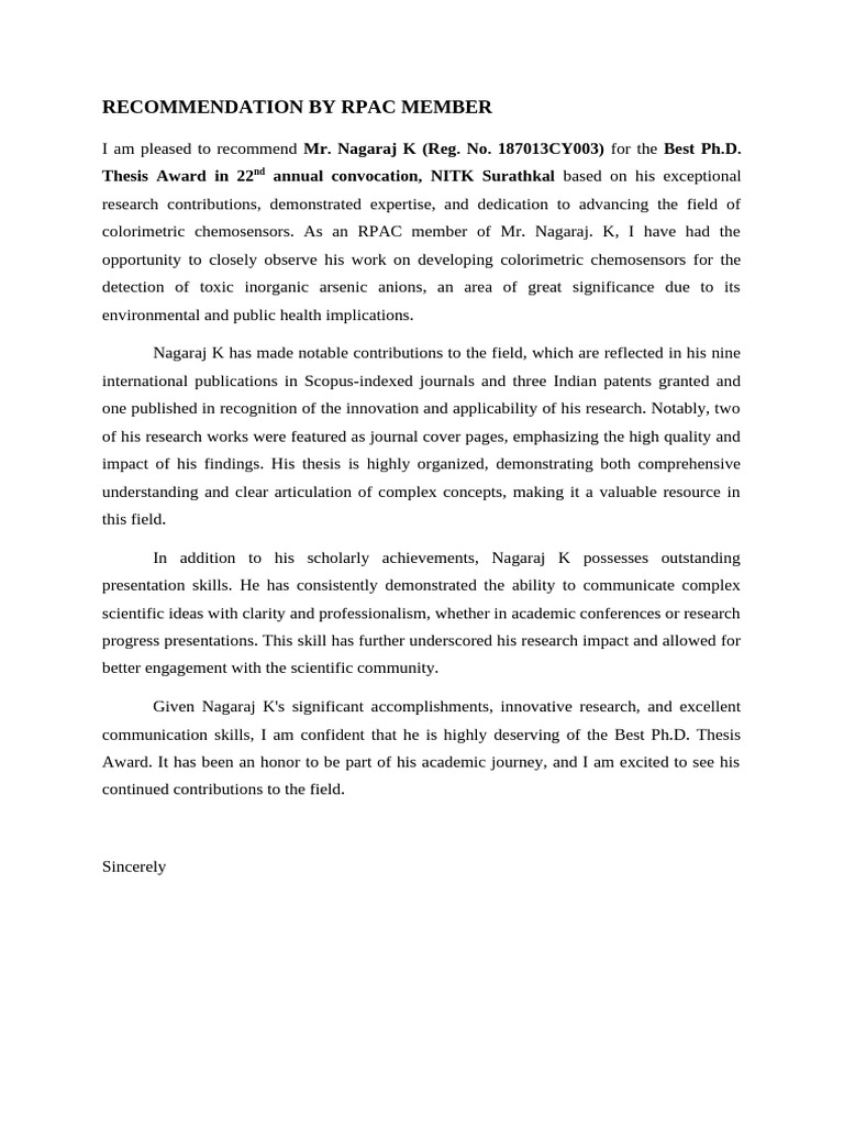 Recommendation Letter - For Best PHD Thesis Award - Nagaraj K | PDF