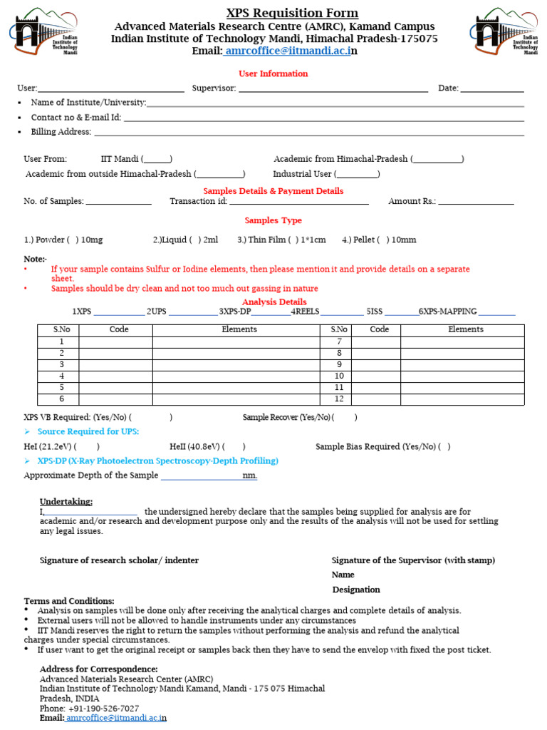 XPS Requisition Form | PDF | X Ray Photoelectron Spectroscopy ...
