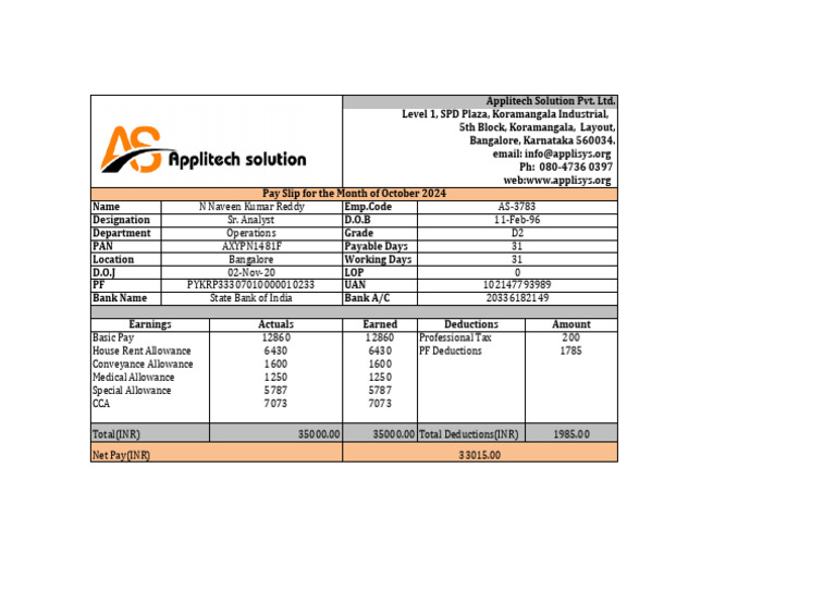 October 2024 Pay Slip - Applitech Solutions | PDF