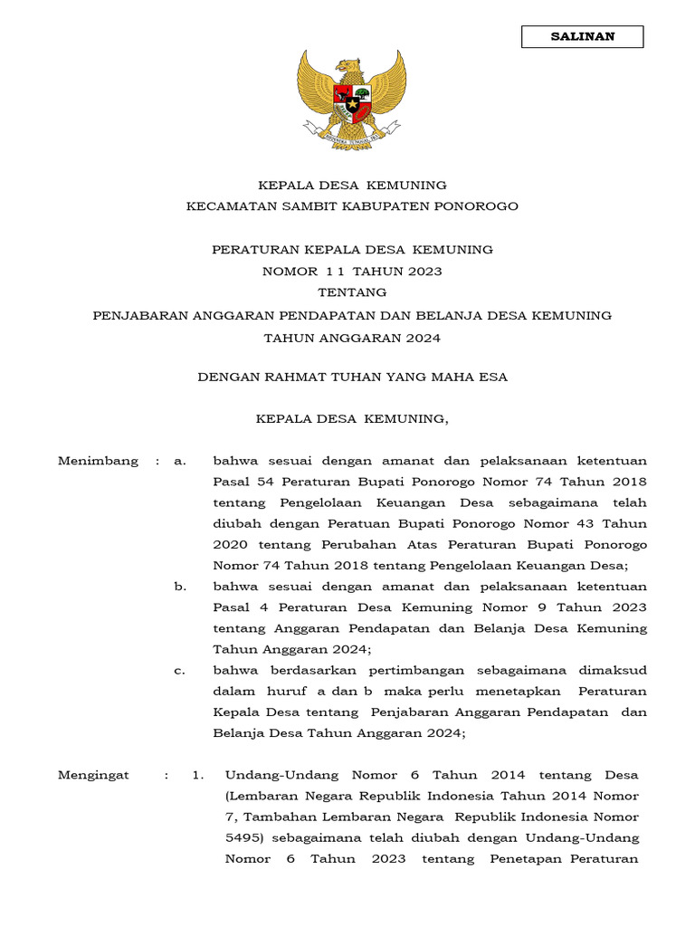 Perkades Penjabaran Apbdes 2024 | PDF