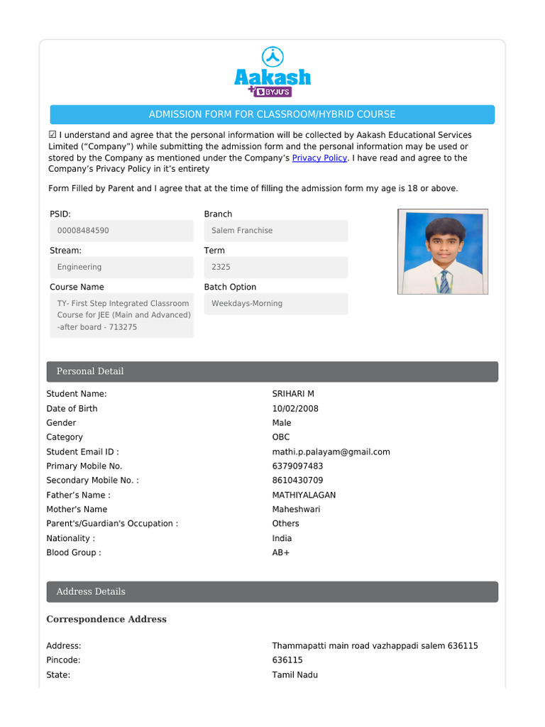 Aakash Admission Form for JEE Course | PDF