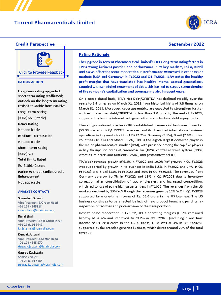 Torrent Pharmaceuticals Limited CPR 23092022 | PDF | Debt | Leverage ...