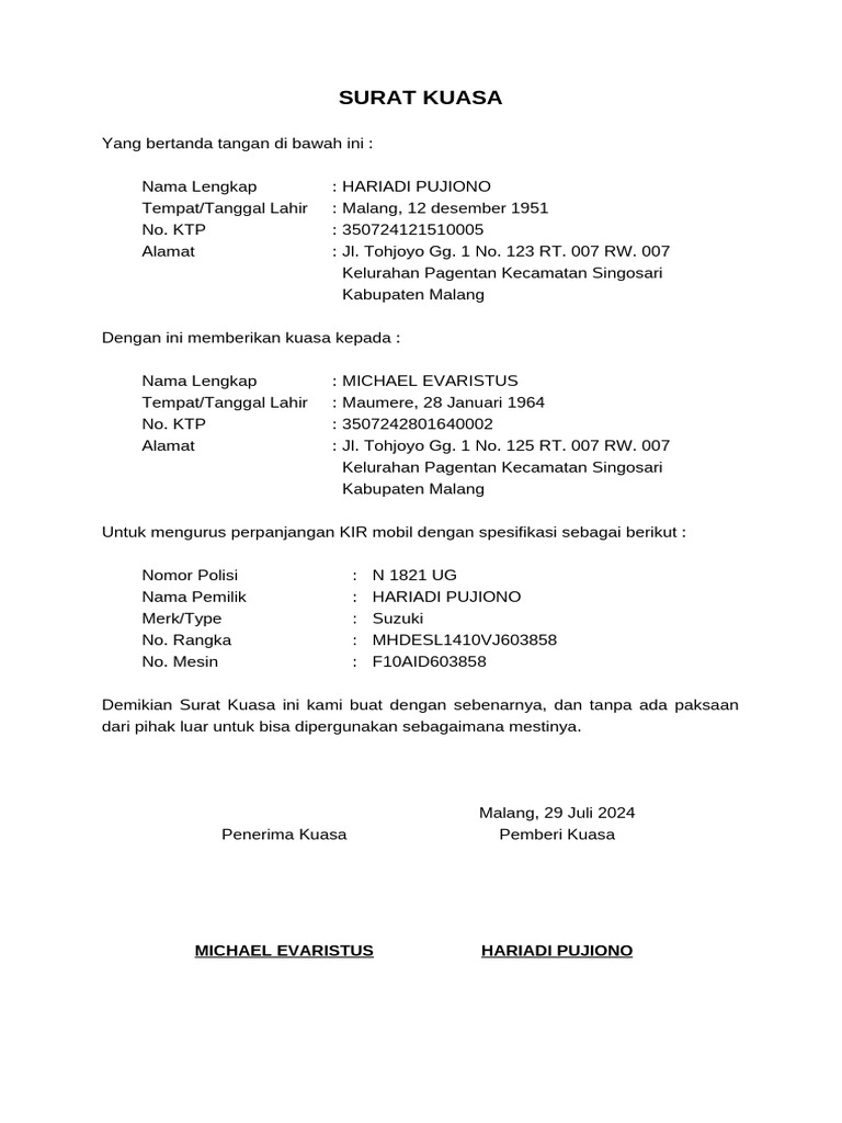 Surat Kuasa KIR Hariadi Pujiono | PDF