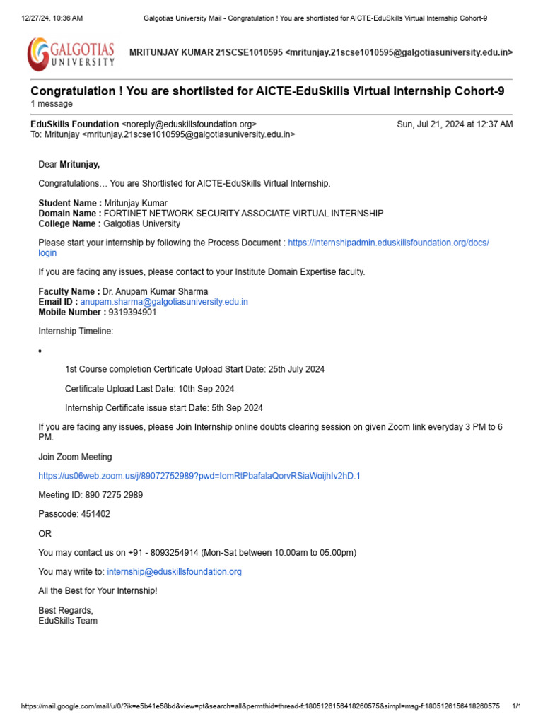 Shortlisted for AICTE-EduSkills Internship | PDF