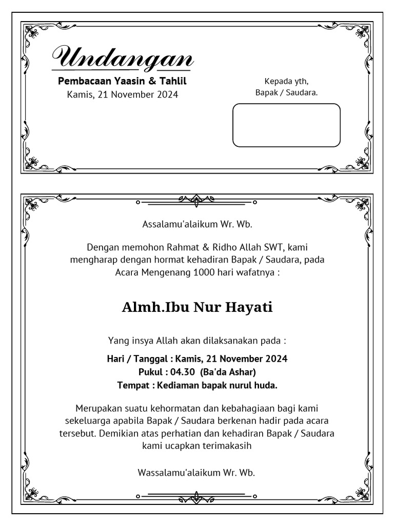 Putih Hitam Minimalis Klasik Undangan Yasin Dan Tahlil | PDF