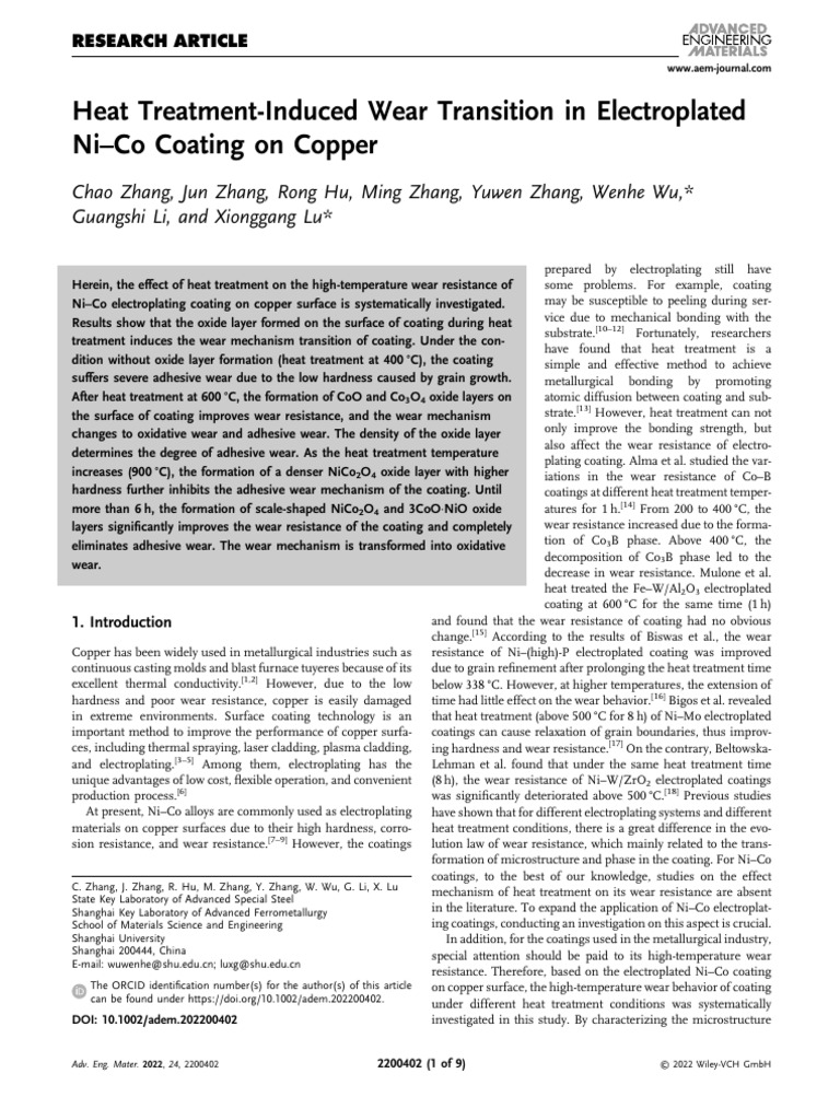 Heat Treatment Induced Wear Transition in Electrop | PDF | Wear | Heat ...