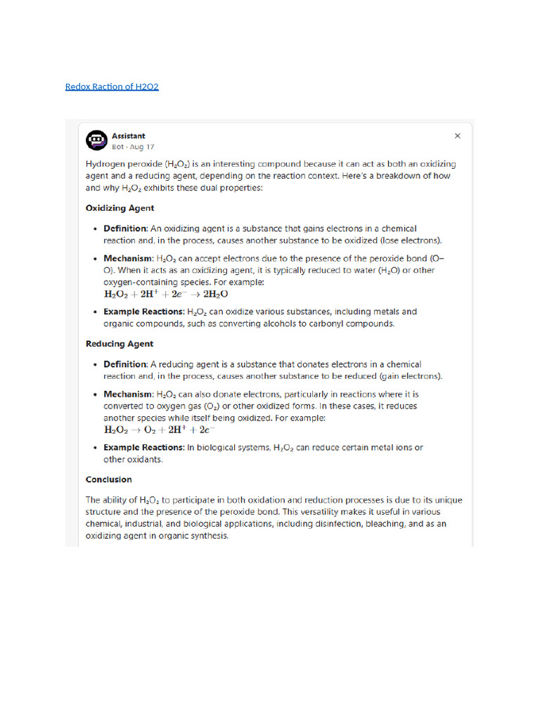 Redox reaction of H2O2 | PDF