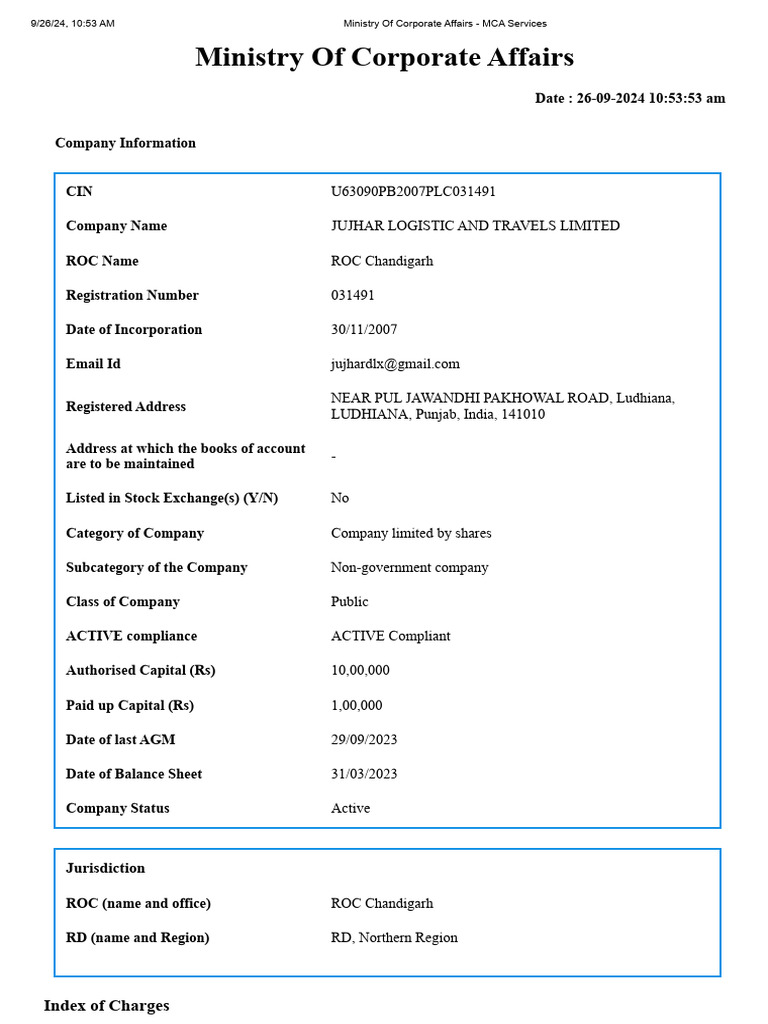 Jujhar Logistic and Travels Limited Info | PDF