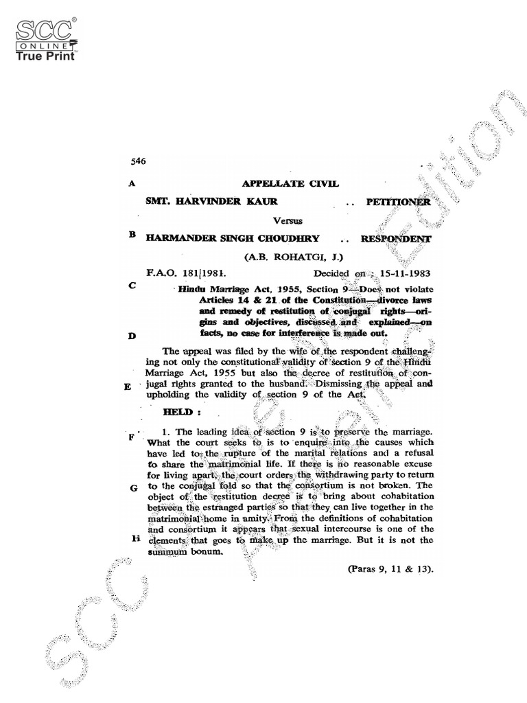 Harvinder Kaur v. Harmander Singh Case | PDF
