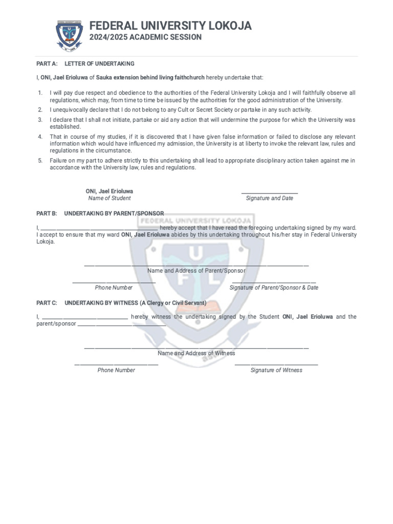 Student Undertaking Form FUL 2024/25 | PDF | Justice | Crime & Violence