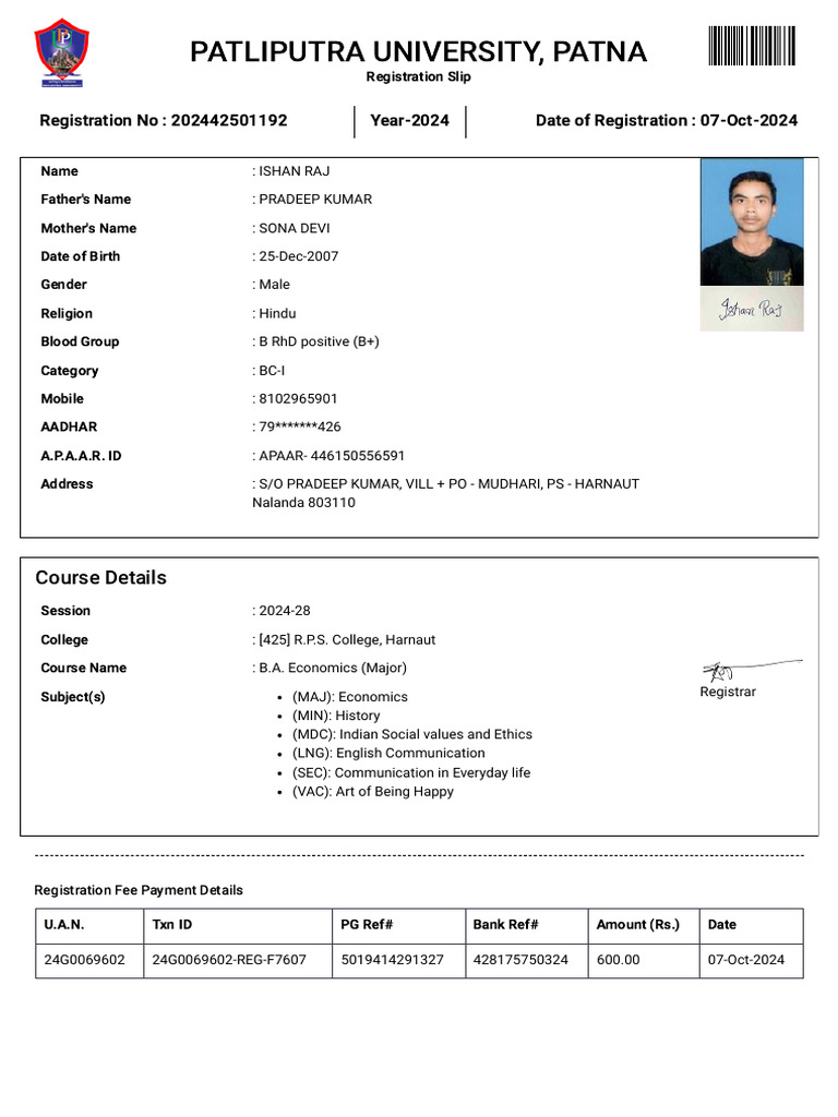 ISHAN 24G0069602 _ 202442501192 - Registration Slip | PDF