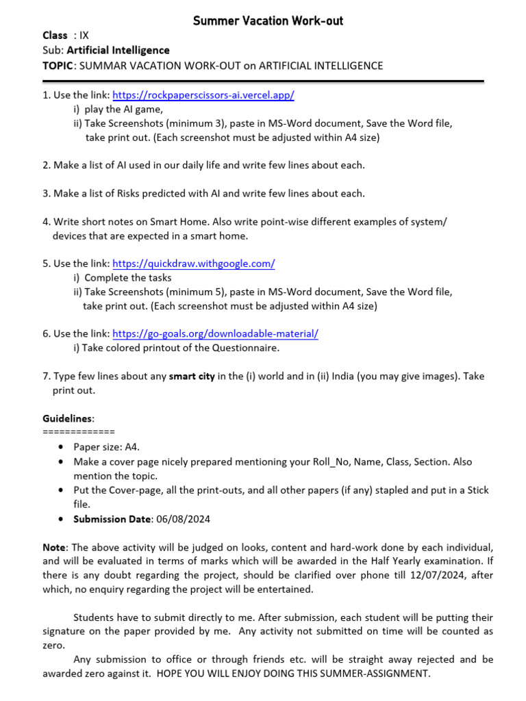 Summar Vacation Work-out 2024-25 | PDF