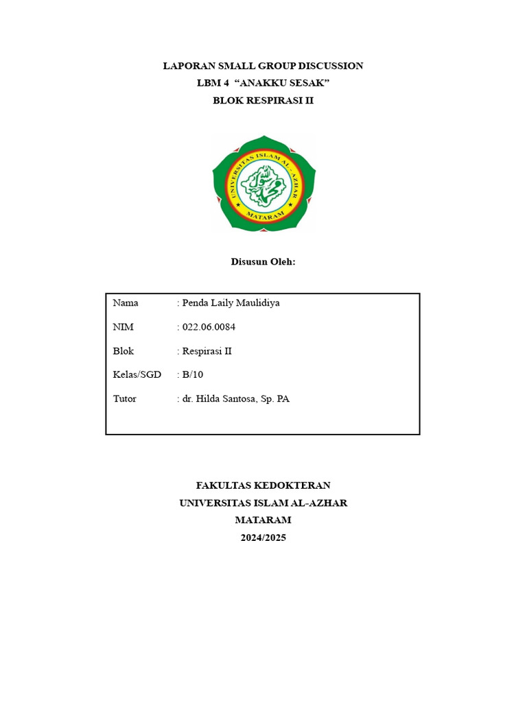 Penda Laily Maulidiya_022.06.0084_B (Laporan SGD LBM 4 BLOK Respirasi 2) | PDF