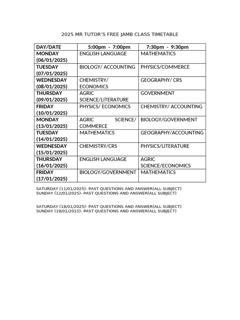 MR Tutor's Free Class Time Table | PDF