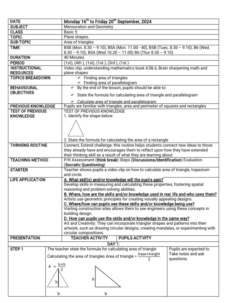b5 wk2 Area of Triangle and Parallelogram | PDF | Area | Cognition