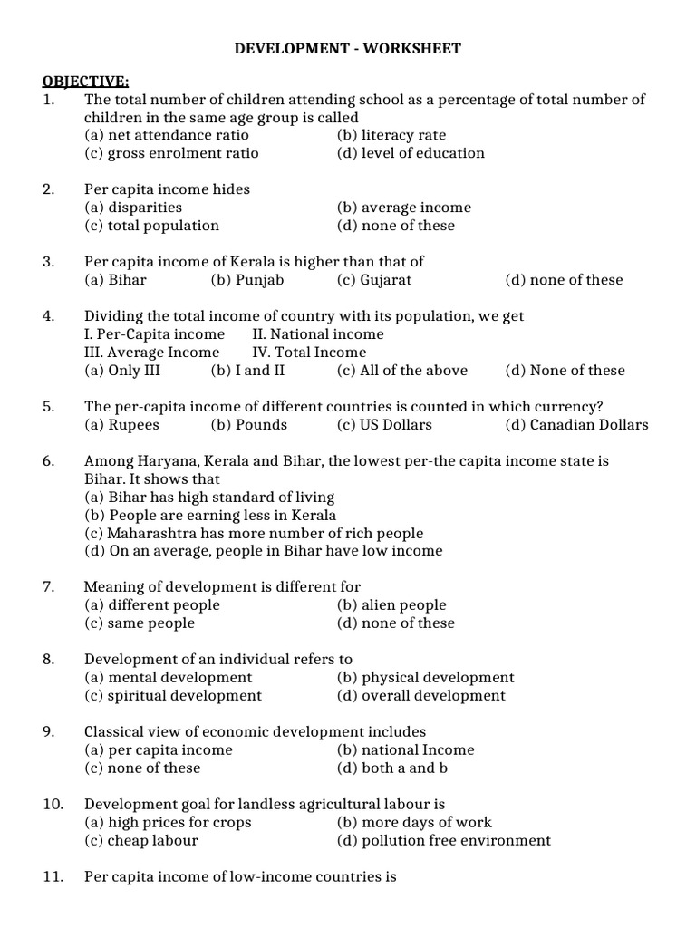 Class 10 Development MCQs Worksheet | PDF | Poverty | Poverty ...