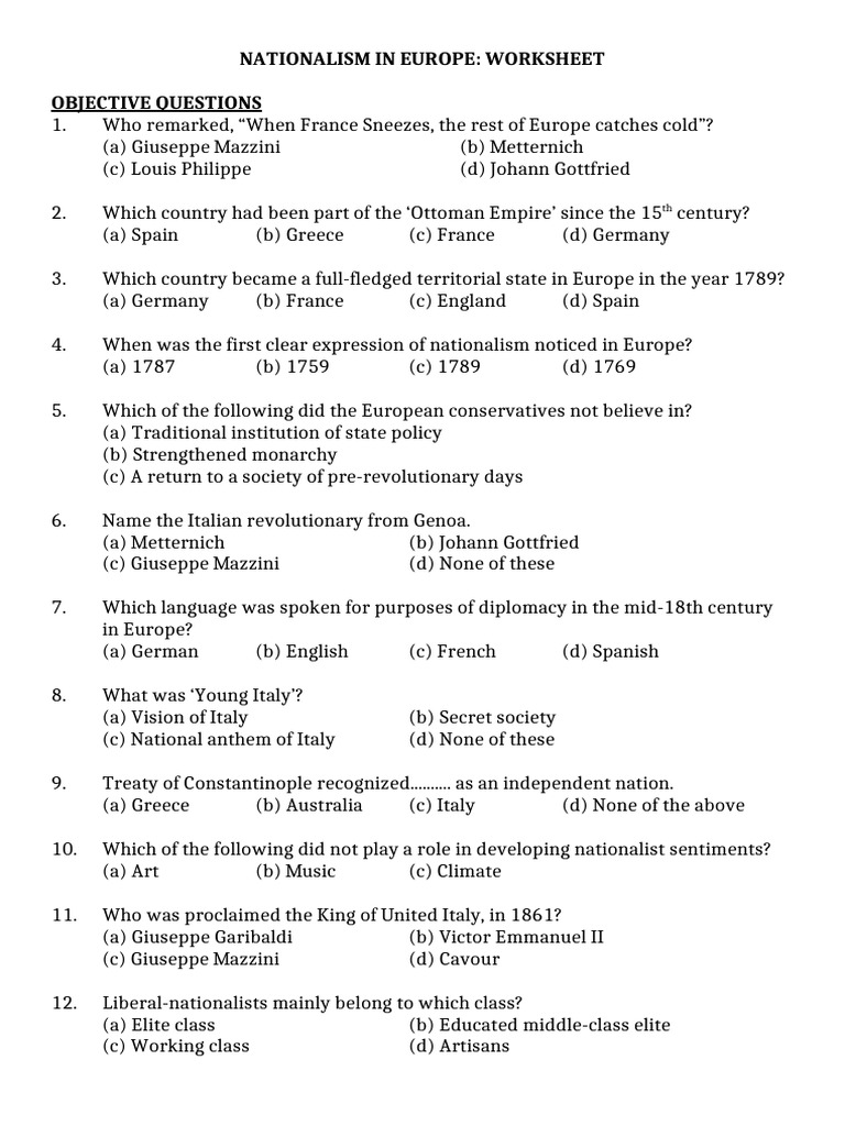 Class X - NCERT - MCQ's - Nationalism in Europe Practice Sheet | PDF ...