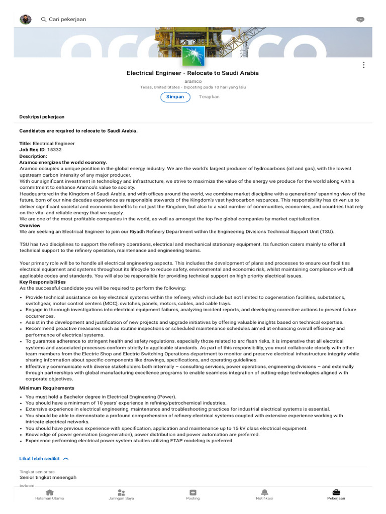 Electrical Engineer Role at Aramco | PDF | Oil Refinery | Engineering