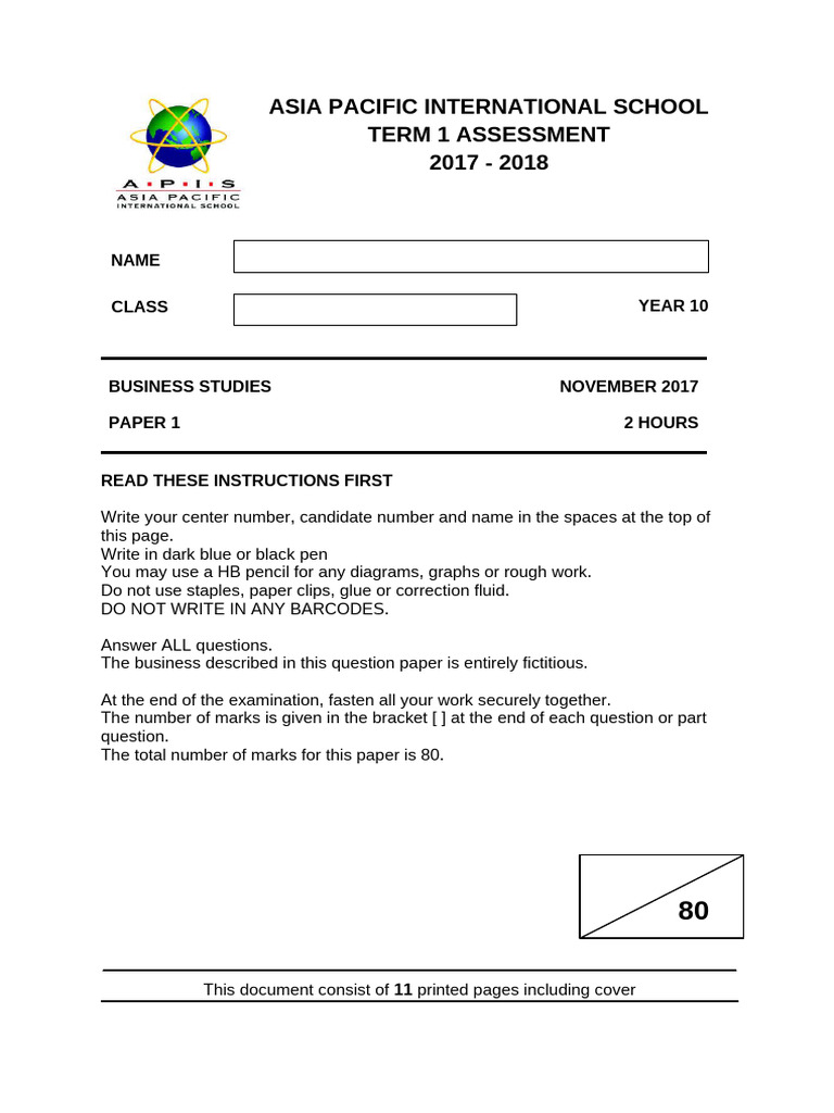 2017-2108 Business Year 10 Term 1 Paper 1 Final Examination | PDF ...