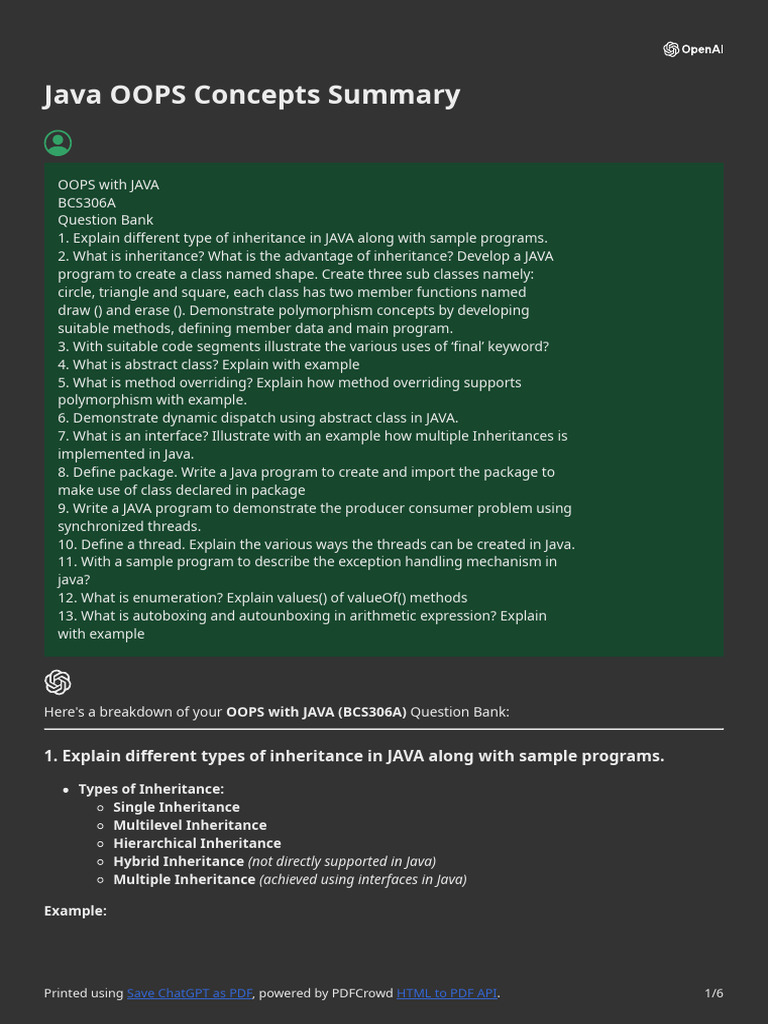 Java OOPS Concepts Summary | PDF | Inheritance (Object Oriented Programming) | Method (Computer ...