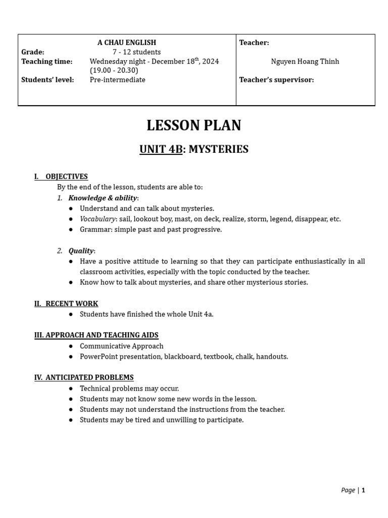 Lesson Plan: Mysteries Unit 4B | PDF | Vocabulary | Teachers