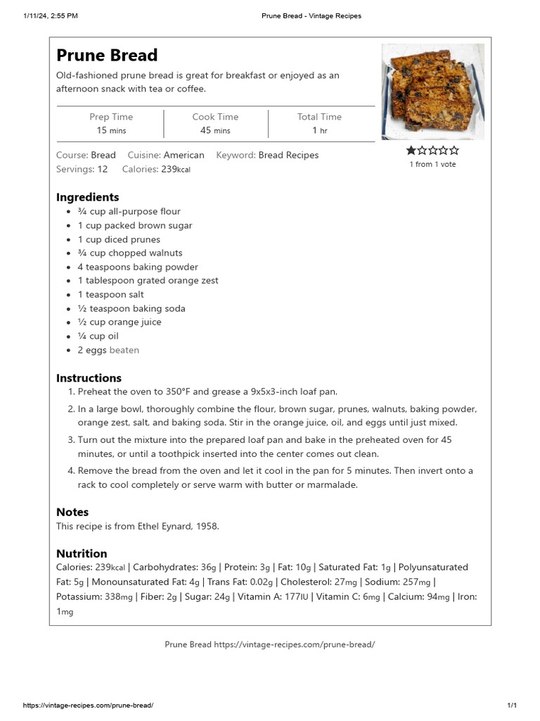 Prune Bread - Vintage Recipes | PDF