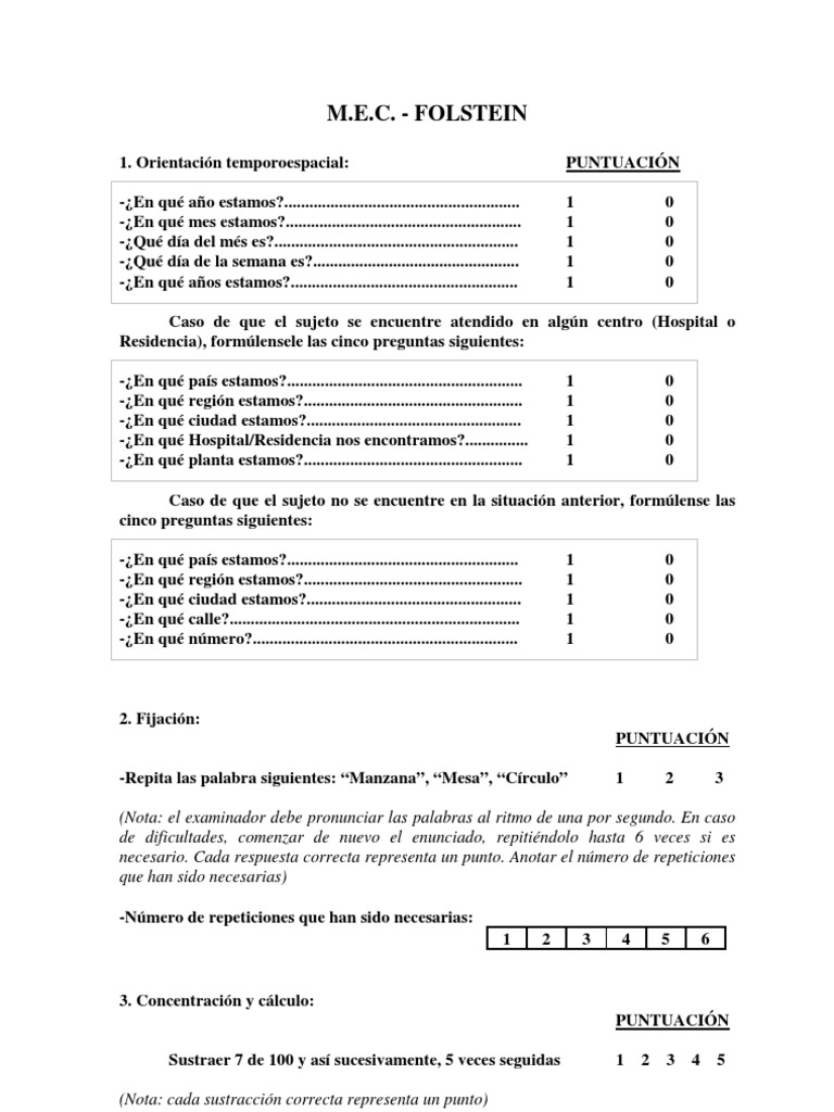 Demencia Mini Mental Folstein | PDF