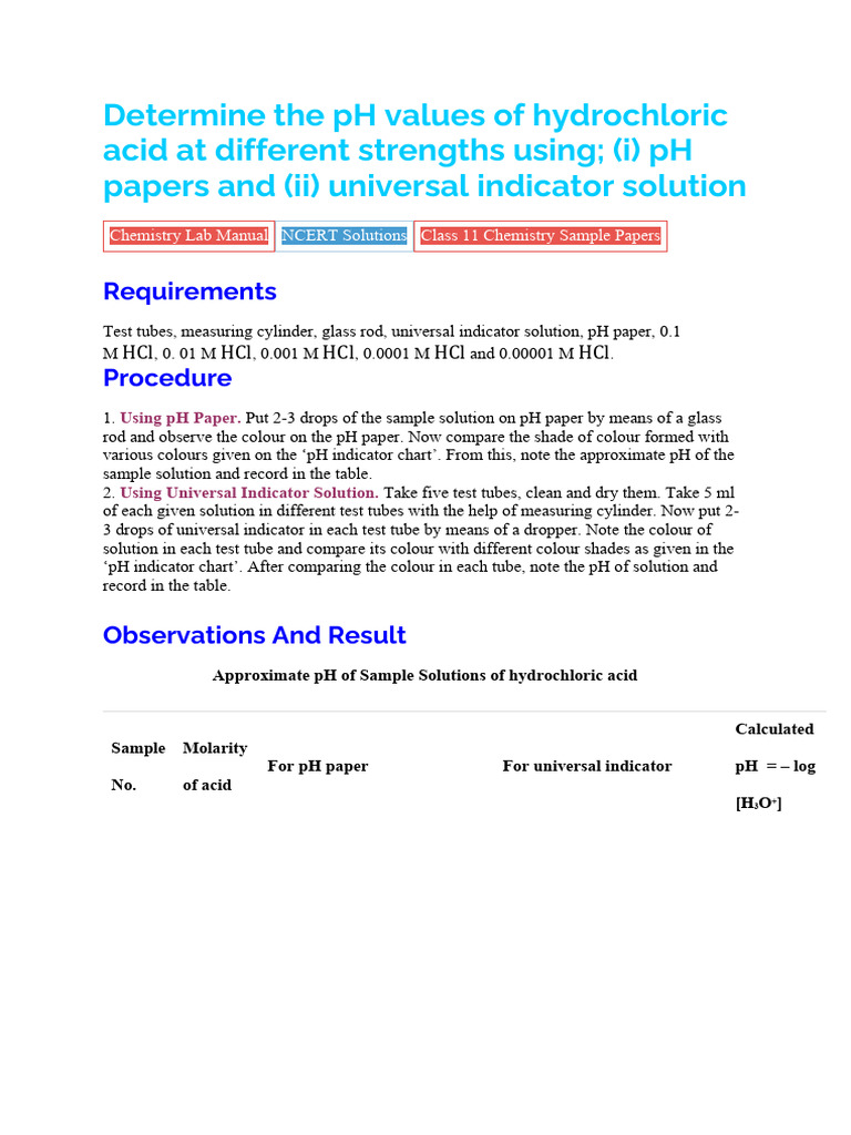 Determine The PH Values of Hydrochloric Acid | PDF | Ph | Titration