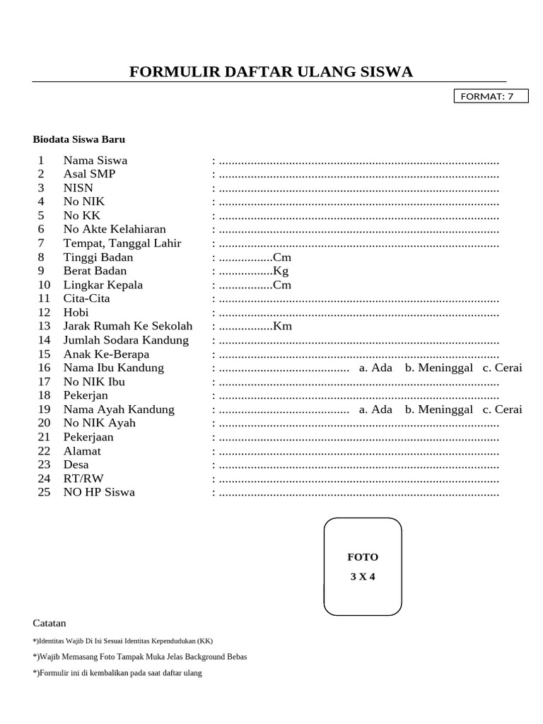 Formulir Daftar Ulang Siswa | PDF