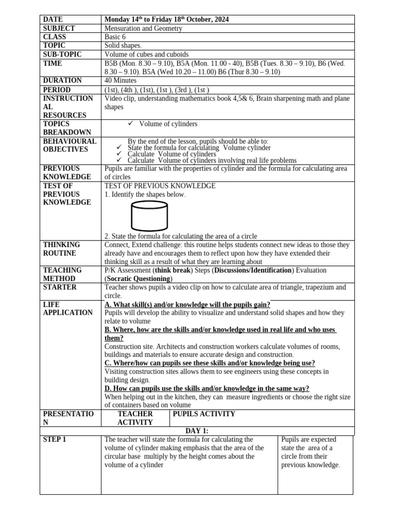 b6 wk5 Volume of Cylinder - 045707 | PDF | Area | Volume