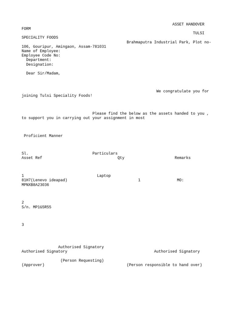 Asset Handover Form | PDF