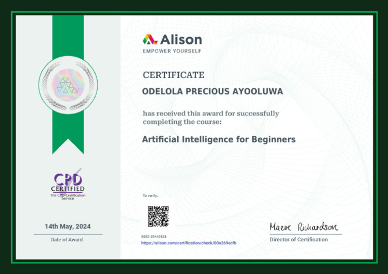 Alison Certificate Artificial Intelligence For Beginners | PDF