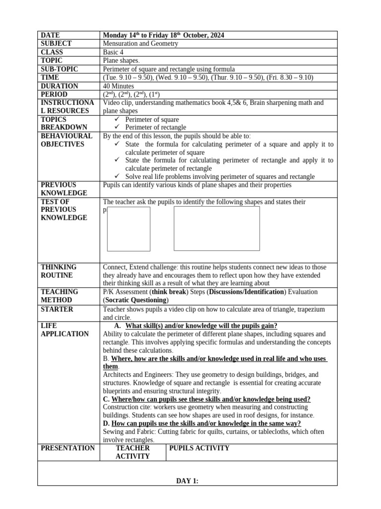 b4 Week Perimeter of Square and Rectangle Using Formula - 045620 | PDF ...