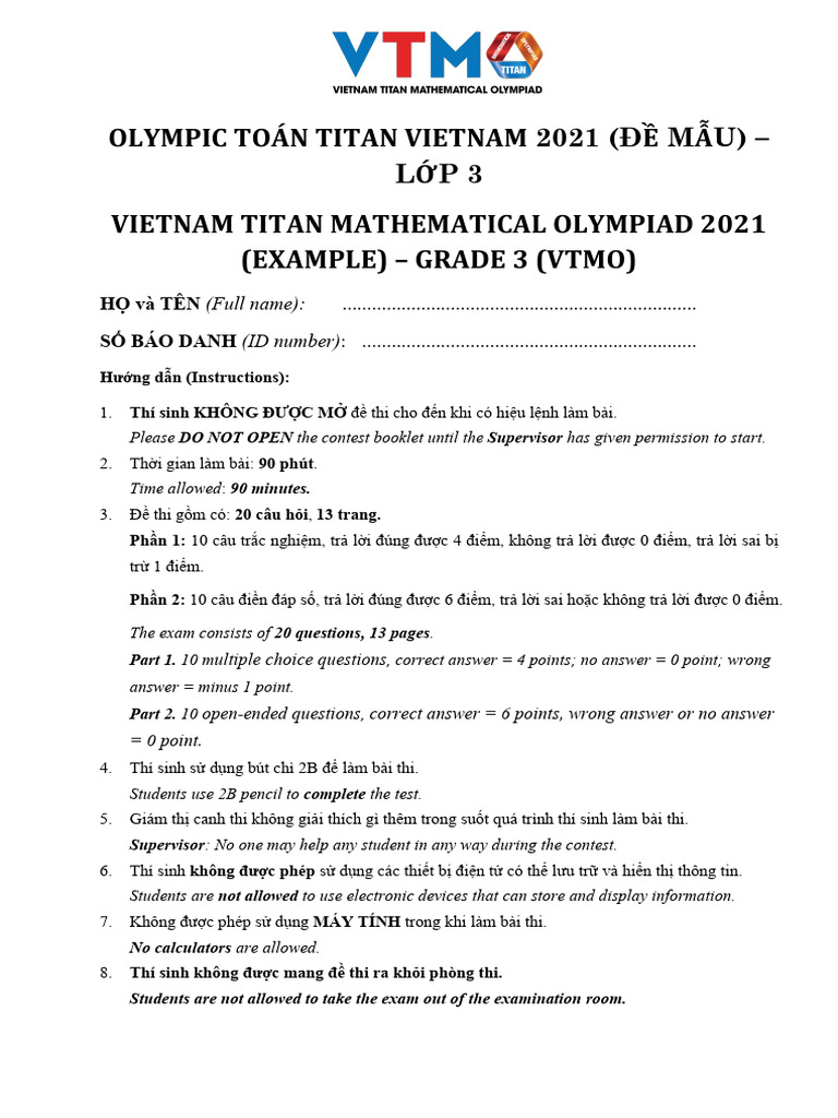 VTMO 2021 Grade3 DeThiMau | PDF