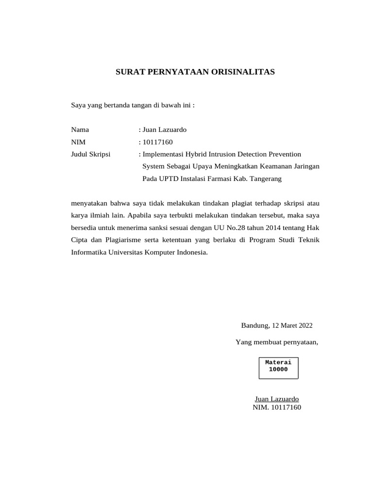 Surat Pernyataan Orisinalitas | PDF