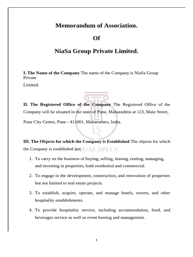 Memorandum of Association Sample | PDF | Private Law