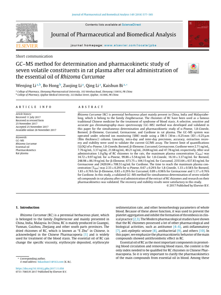 GC–MS method for determination and pharmacokinetic study of seven ...
