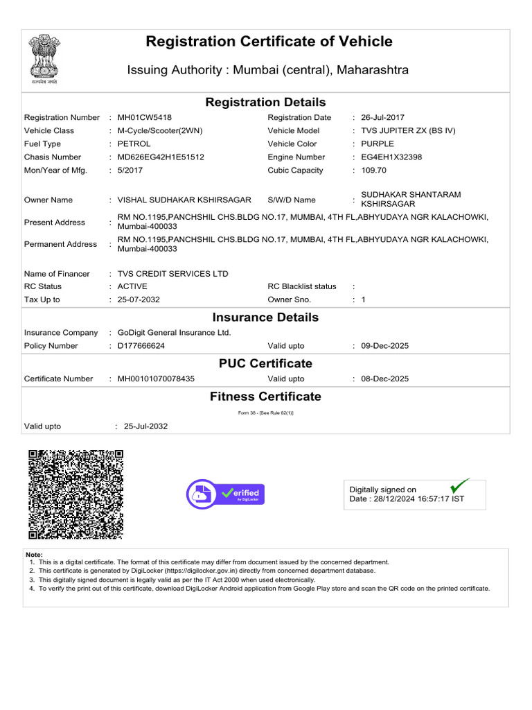 RC MH01CW5418 - Vishal Kshirsagar | PDF