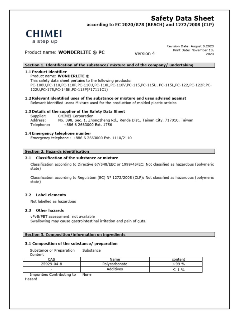 2023 CHIMEI MSDS - Wonderlite PC | PDF | Toxicity | Dangerous Goods