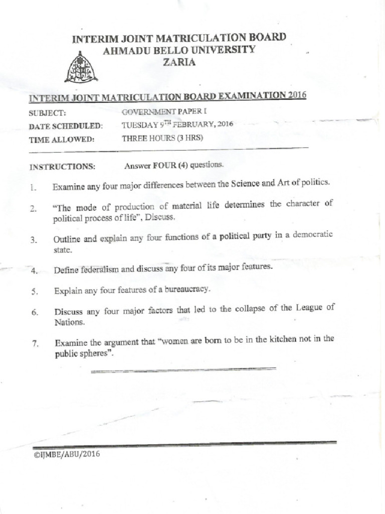 Government Paper I IJMB Past Questions and Answers | PDF