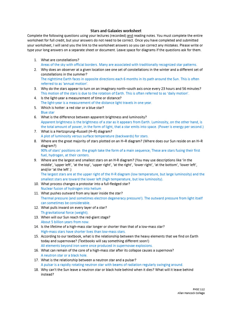 Stars and Galaxies Worksheet Revised KEY | PDF | Stars | Galaxy