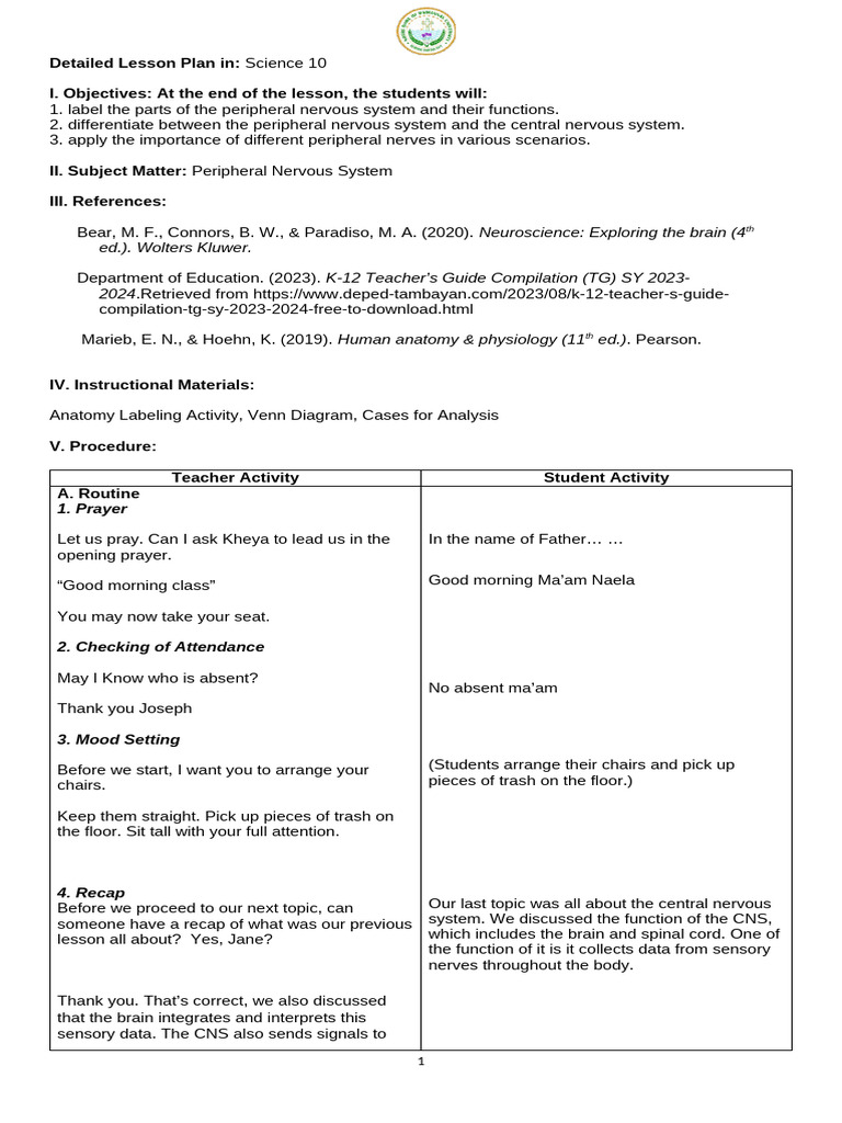 Peripheral Nervous System Lesson Plan | PDF | Nervous System | Nerve