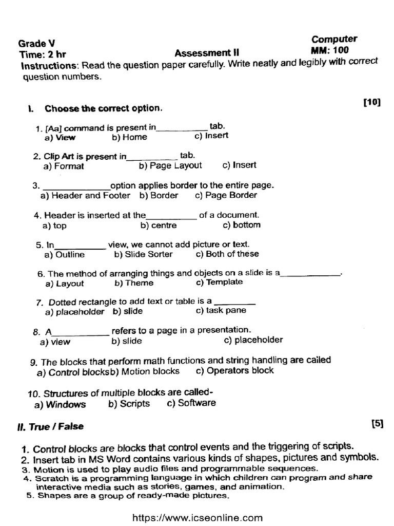 Icse Class 5 Assessment 2 Computer 030424 2024 | PDF