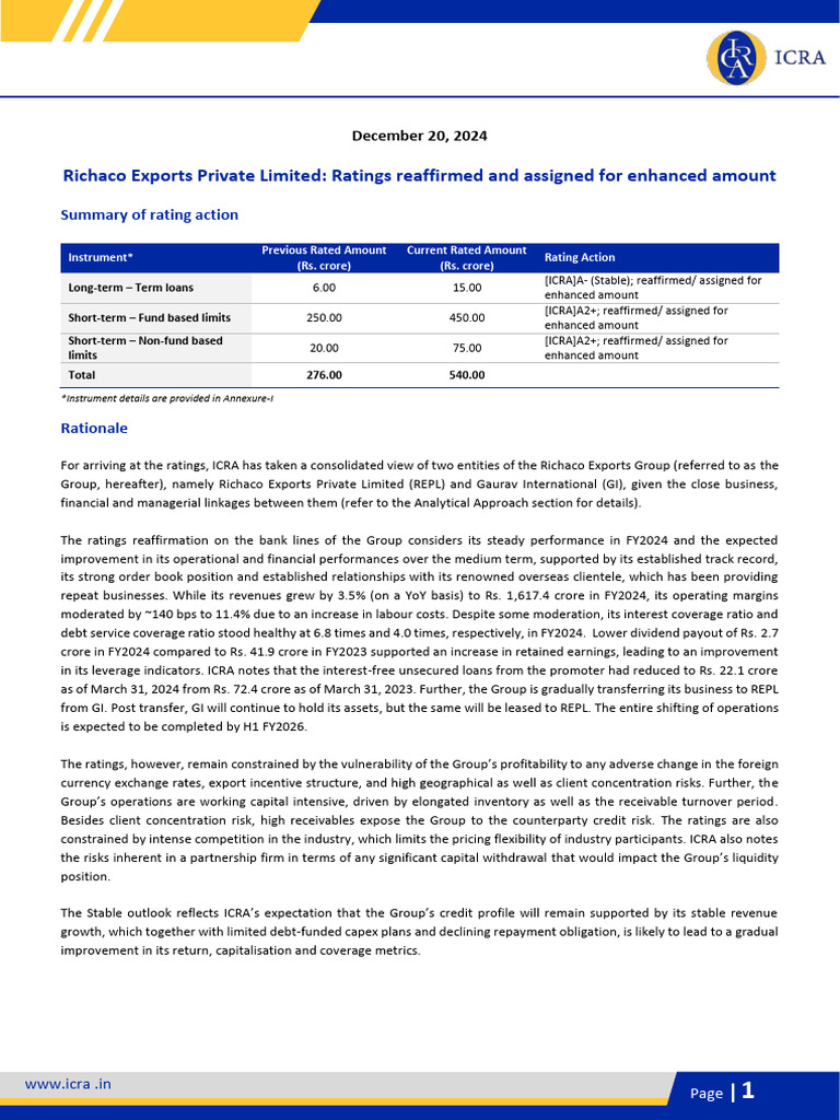 Richaco Exports Private Limited | PDF | Credit Rating Agency | Exports