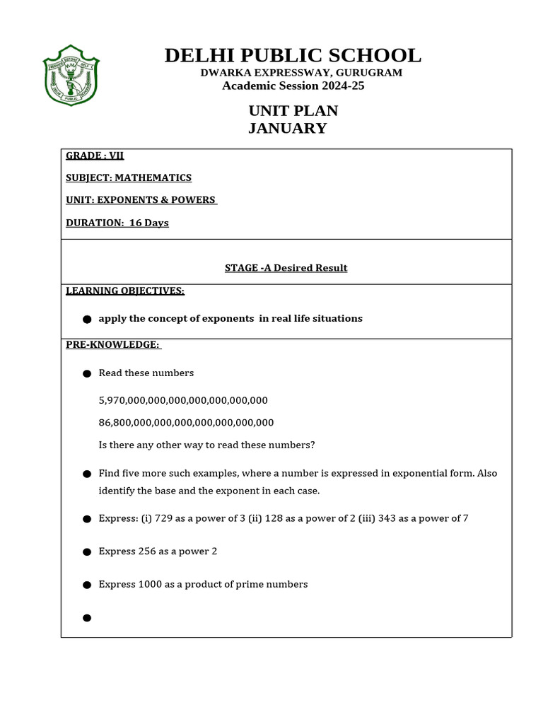 GR VII - January - Math - Unit Plan - Ch-11 Exponents & Powers | PDF | Exponentiation | Learning