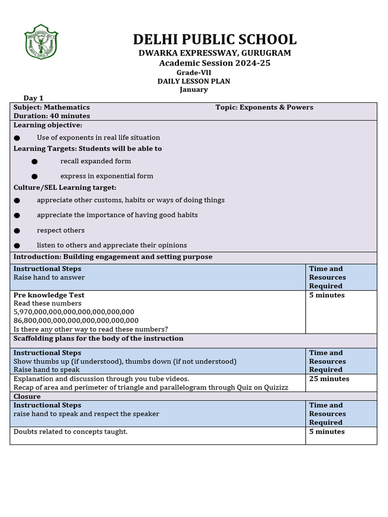 Grade 7 Math Lesson Plan: Exponents | PDF | Learning | Mathematics