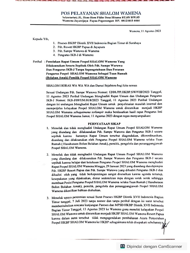 Surat Penolakan Rapat Umum Pospel Shalom HKBP Wamena | PDF