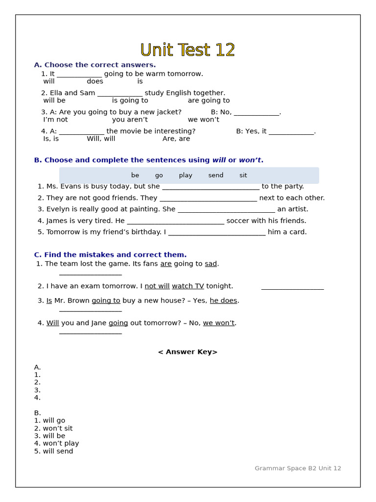 Grammar Space 2 - Unit Test 12 | PDF